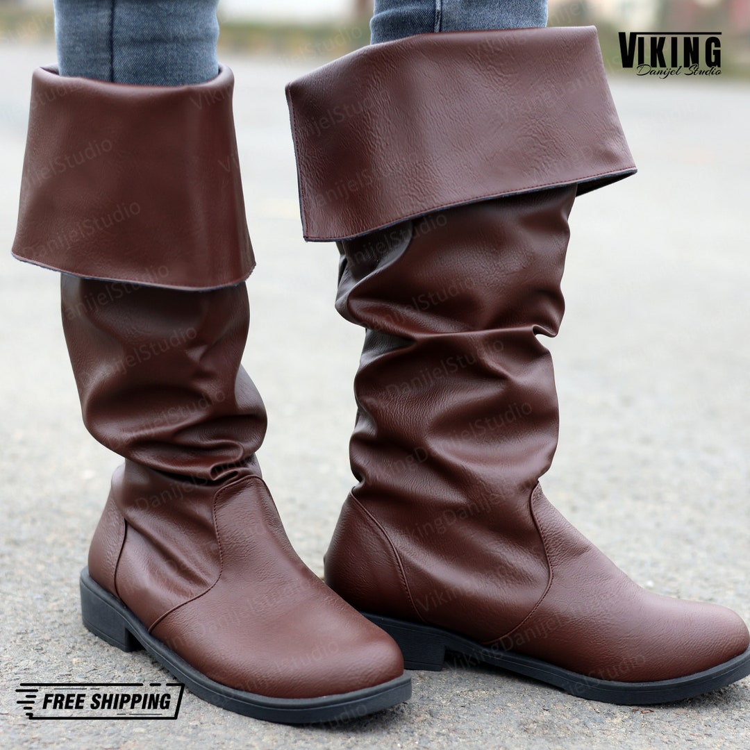 Ren Faire Medieval Larp Boots, Renaissance Steampunk PU Leather Boots, Viking Pirate Goth Mens ...
