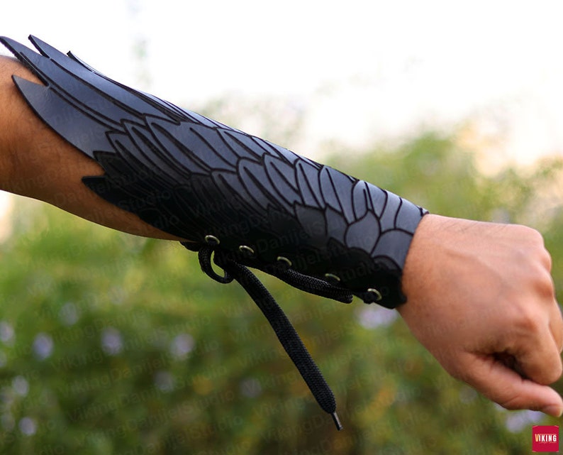 Samurai Knight Leather Arm Warmers, Raven Wings Viking Larp Armor, Ren ...
