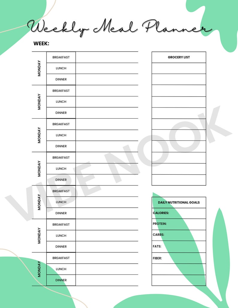 Digital Weekly Meal Planning Template With Grocery List and Nutritional ...