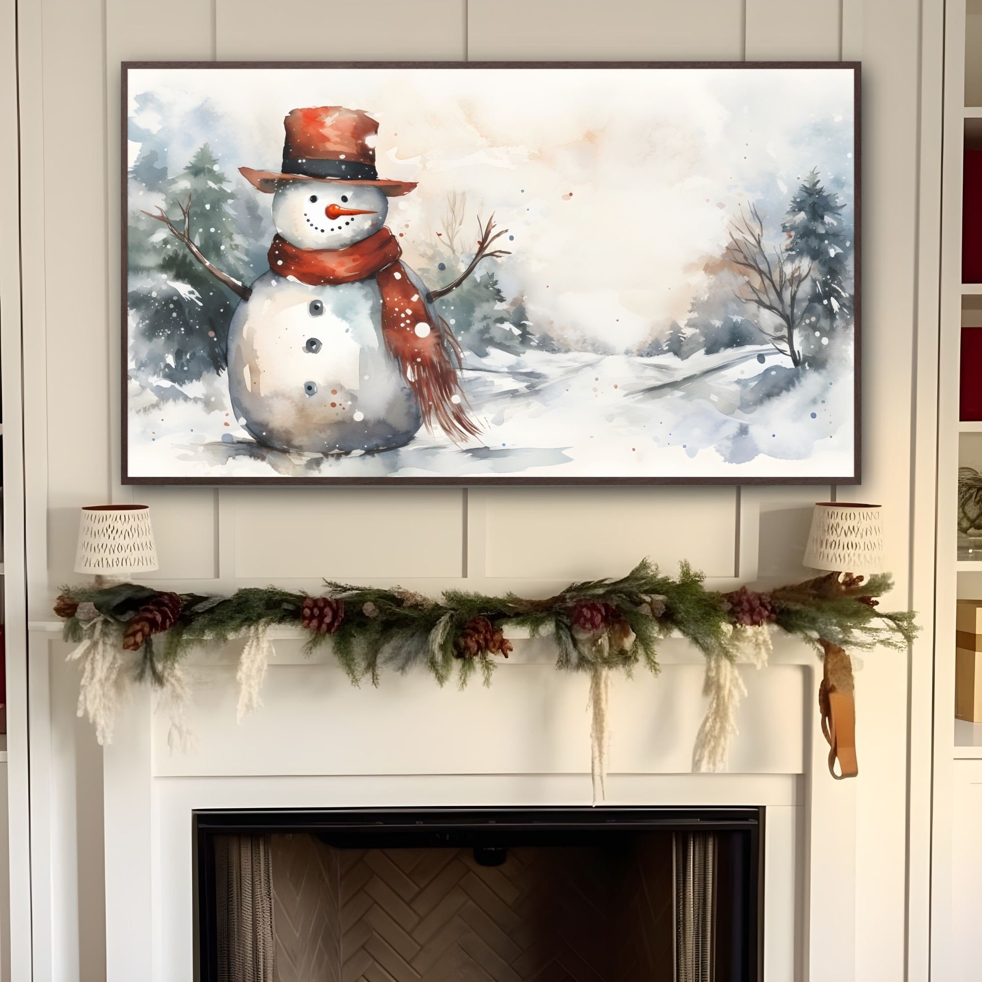Cute Classic Watercolor Snowman Frame TV Art, Friendly Snowman in Snowy ...