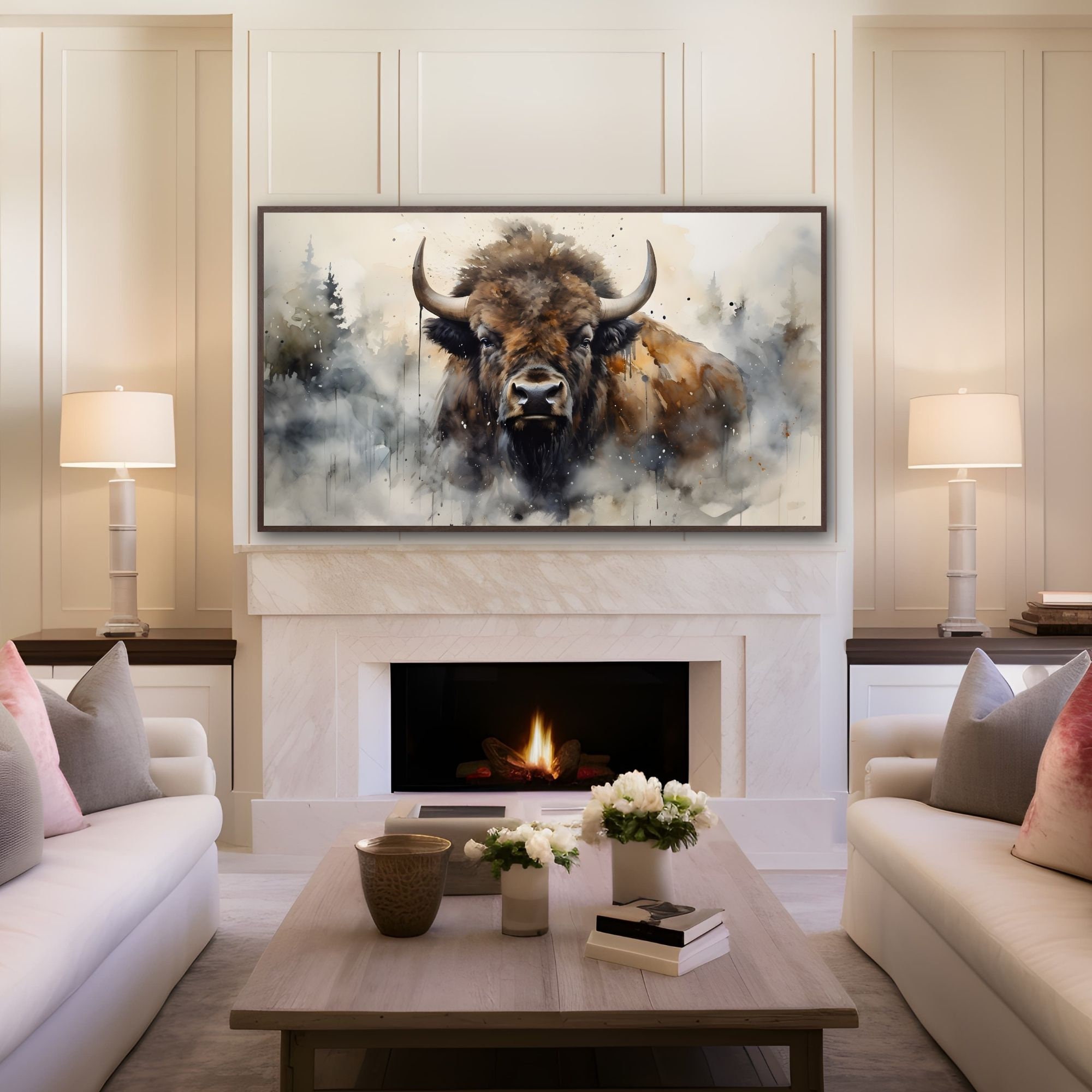 American Bison Frame Tv Art Farmhouse Decor, Moody Bison Artwork ...