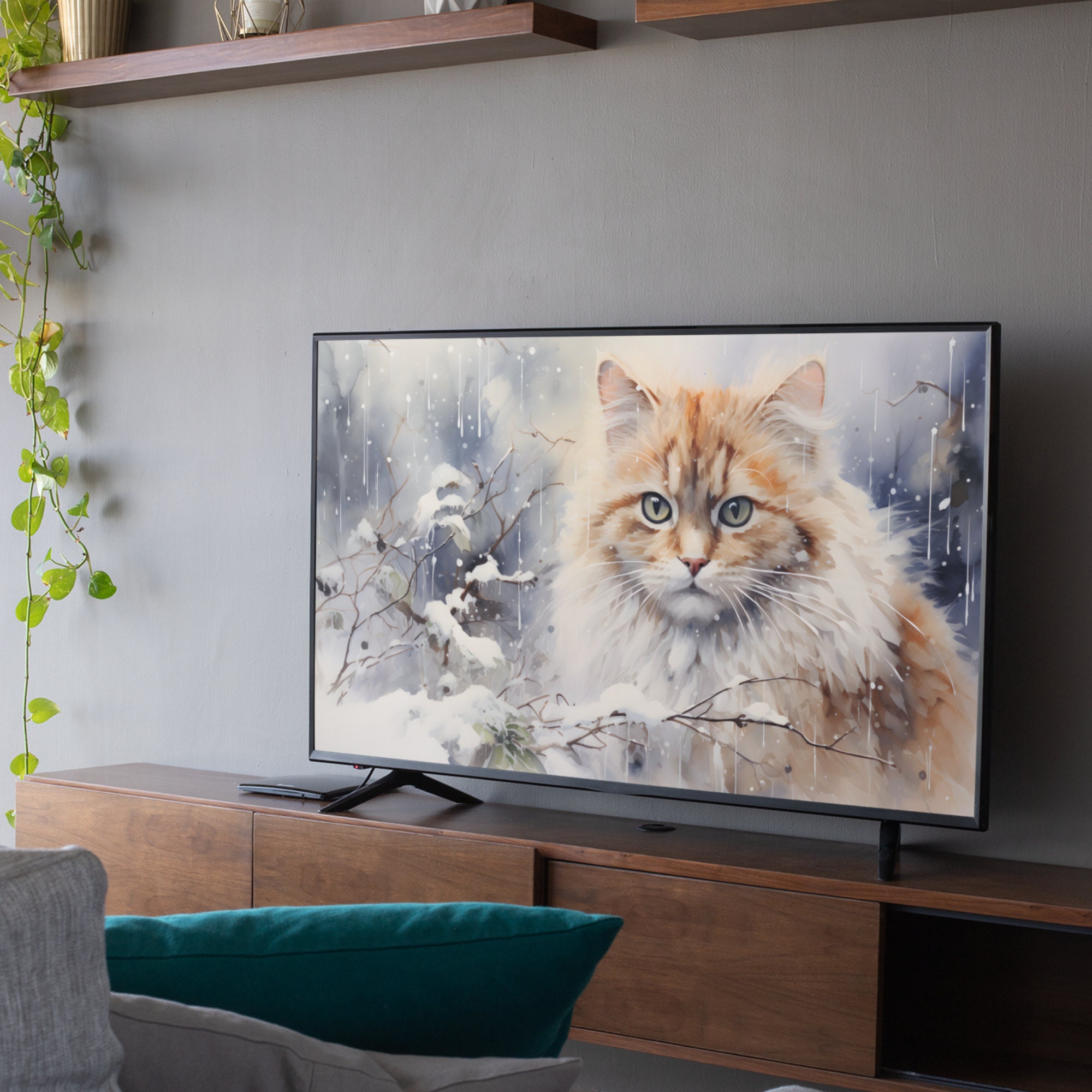 Winter Orange Tabby Cat TV Frame Art Digital Download, Orange Kitty ...
