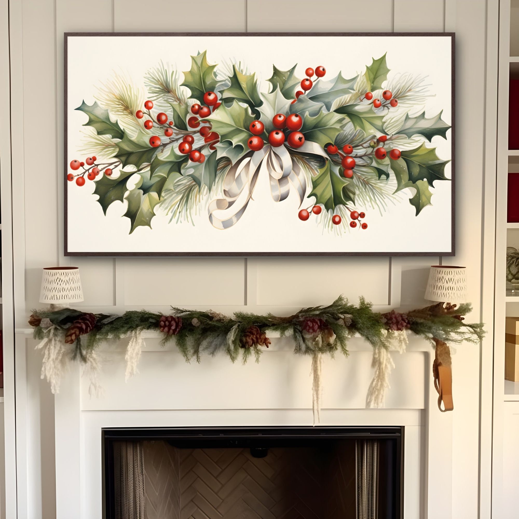 Watercolor Holly Frame Tv Art Digital Picture to Download, Holly Wreath ...