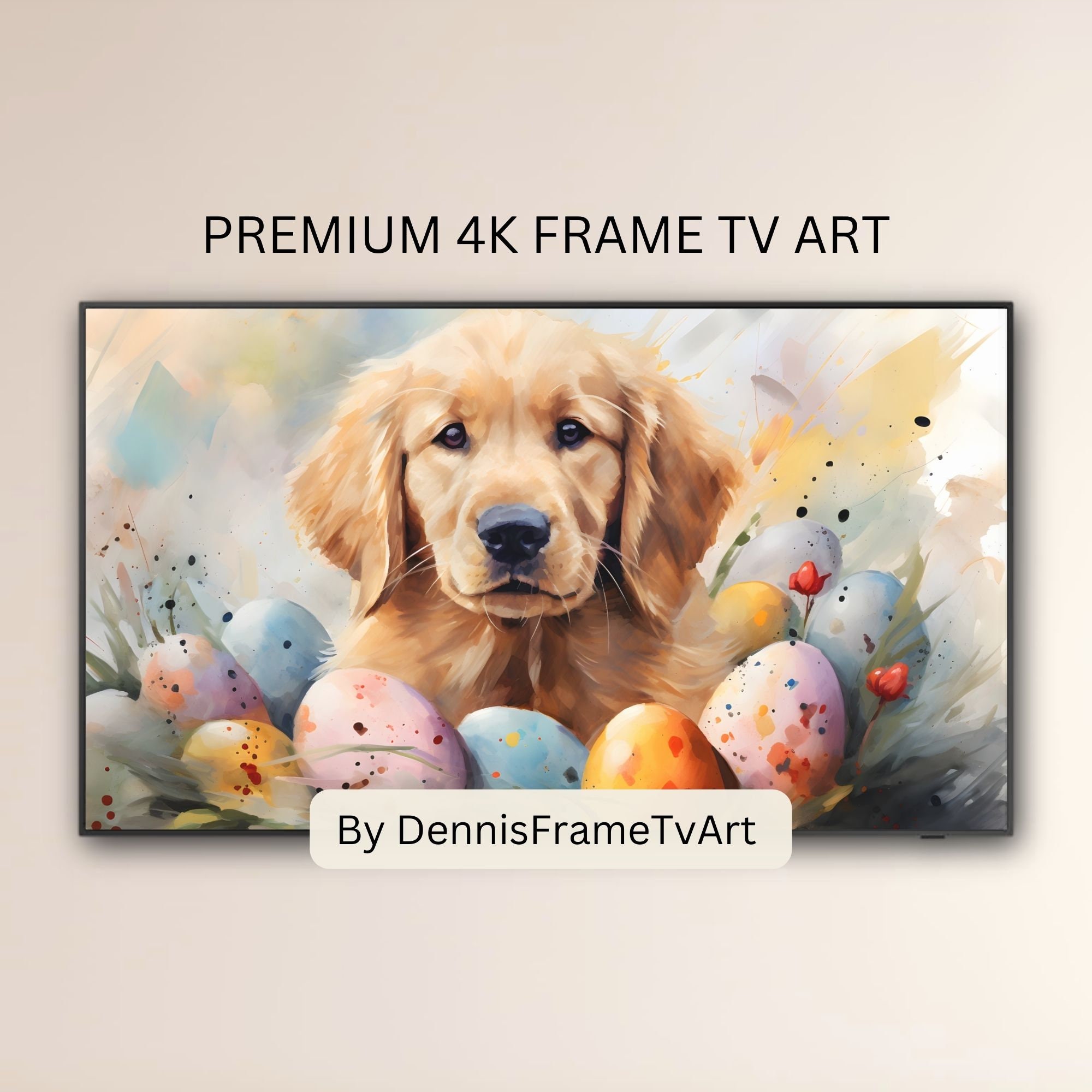 Golden Retriever Puppy Frame TV Art Easter, Golden Dog Colorful Artwork ...