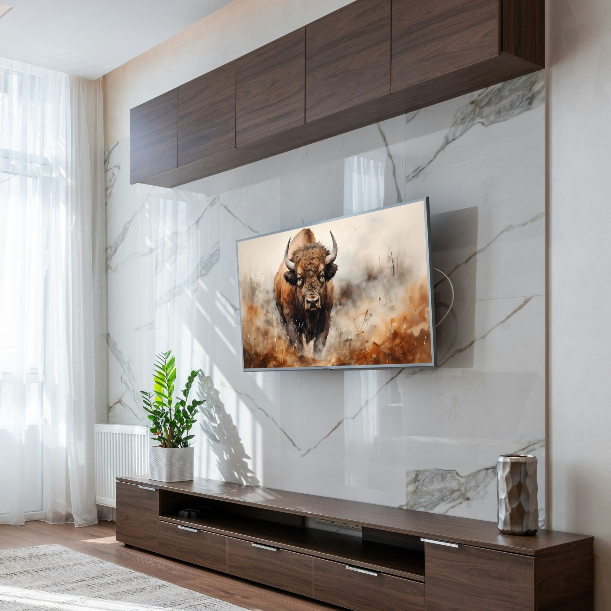 American Bison Frame TV Art, Nature Inspired Farmhouse Earthly Tones ...