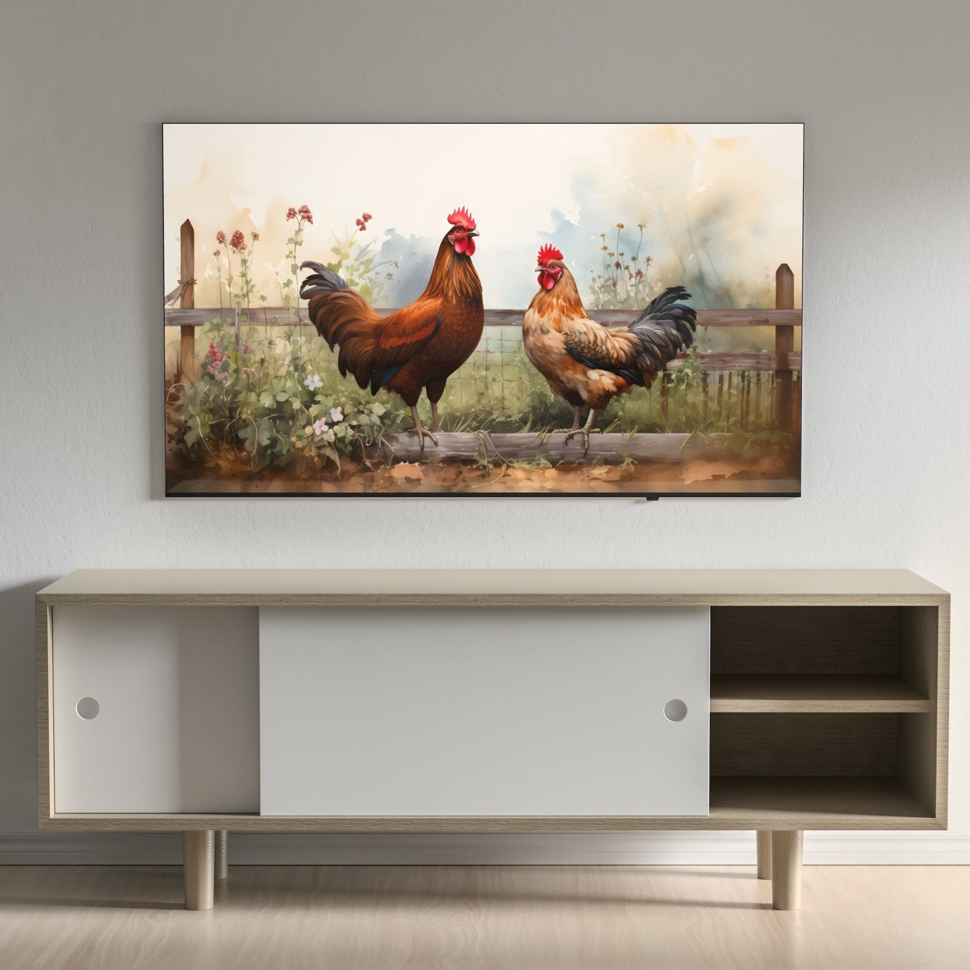 Farm Life Samsung Frame TV Art Chicken, Pastoral Landscape With Rooster ...