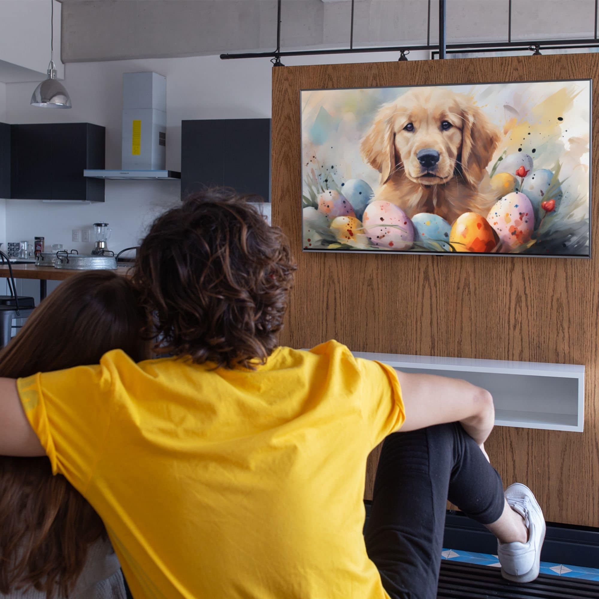Golden Retriever Puppy Frame TV Art Easter, Golden Dog Colorful Artwork ...