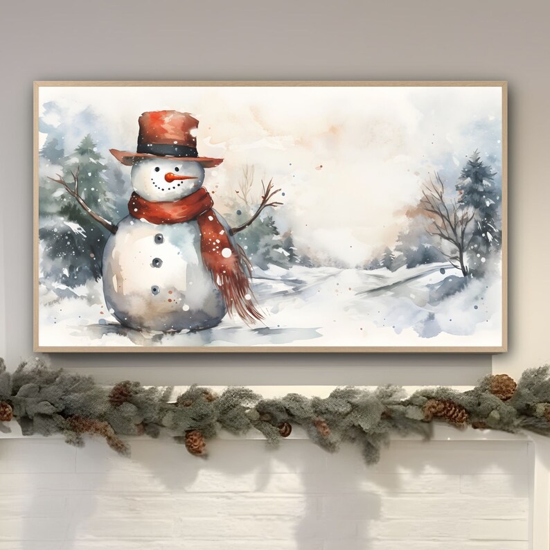 Cute Classic Watercolor Snowman Frame TV Art, Friendly Snowman in Snowy ...