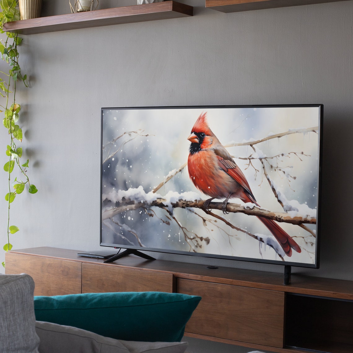 Cardinal Bird Tv Art Digital Download, Winter Landscape Artwork With ...