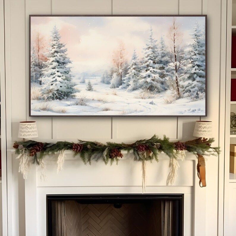 Snowy Christmas Frame TV Art, Scandi Snow Forest Picture Digital ...