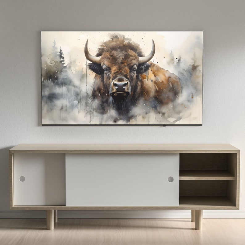 American Bison Frame Tv Art Farmhouse Decor, Moody Bison Artwork ...