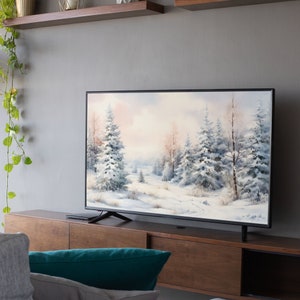 Snowy Christmas Frame TV Art, Scandi Snow Forest Picture Digital ...