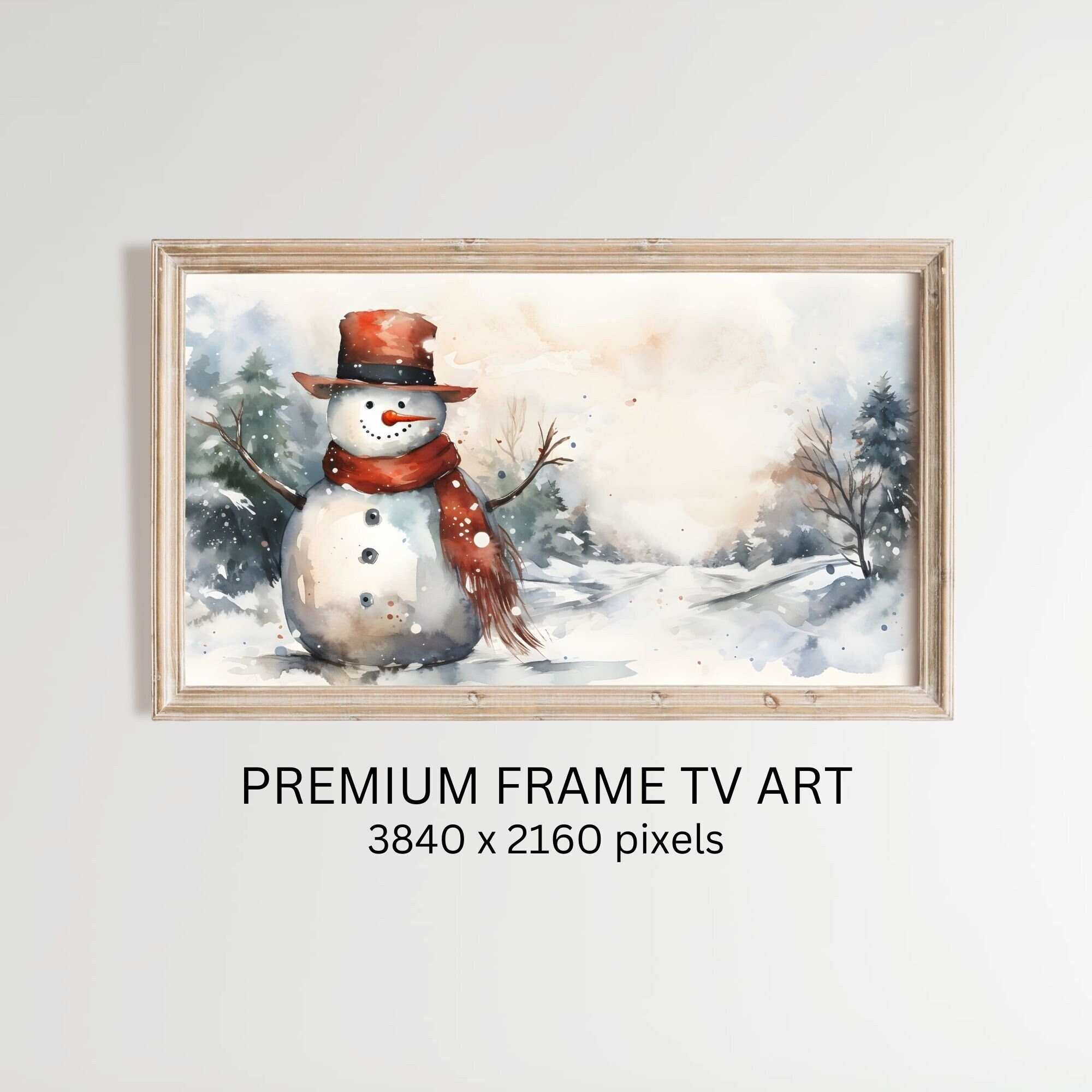 Cute Classic Watercolor Snowman Frame TV Art, Friendly Snowman in Snowy ...
