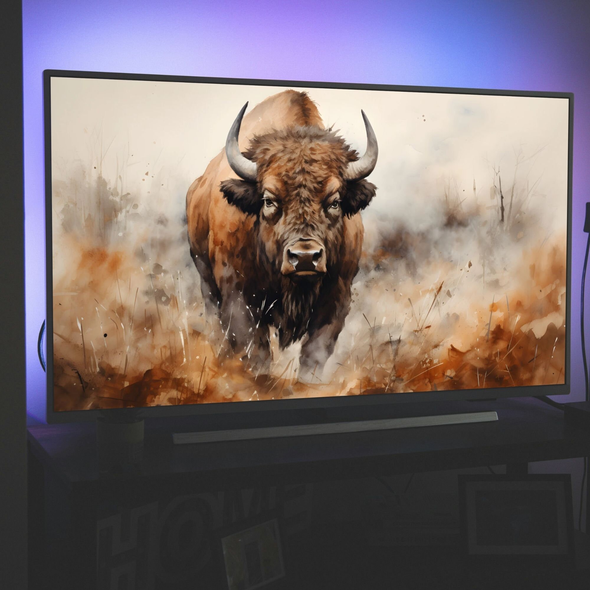 American Bison Frame TV Art, Nature Inspired Farmhouse Earthly Tones ...