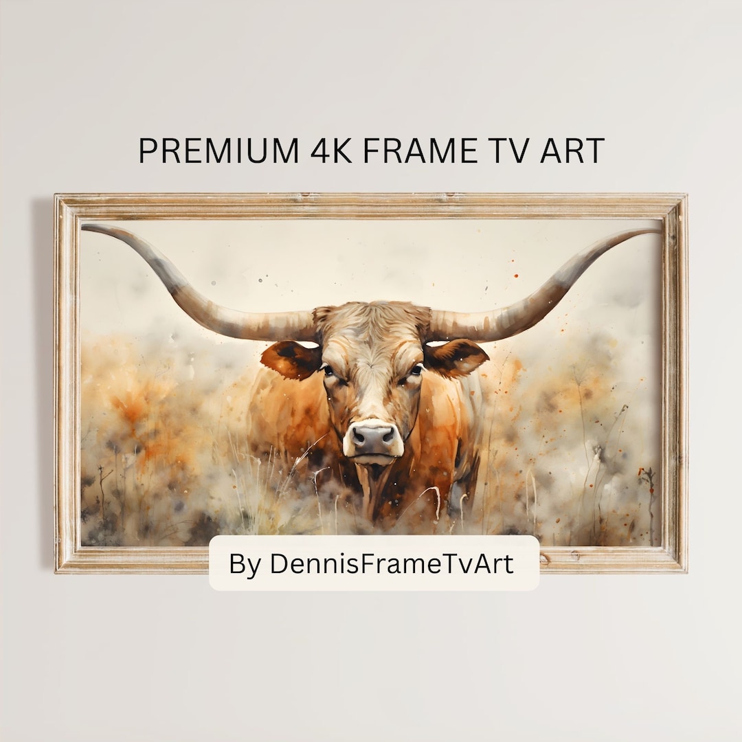 Texas Longhorn Cow Frame TV Art, Earthly Tones Farmhouse Decor Instant ...