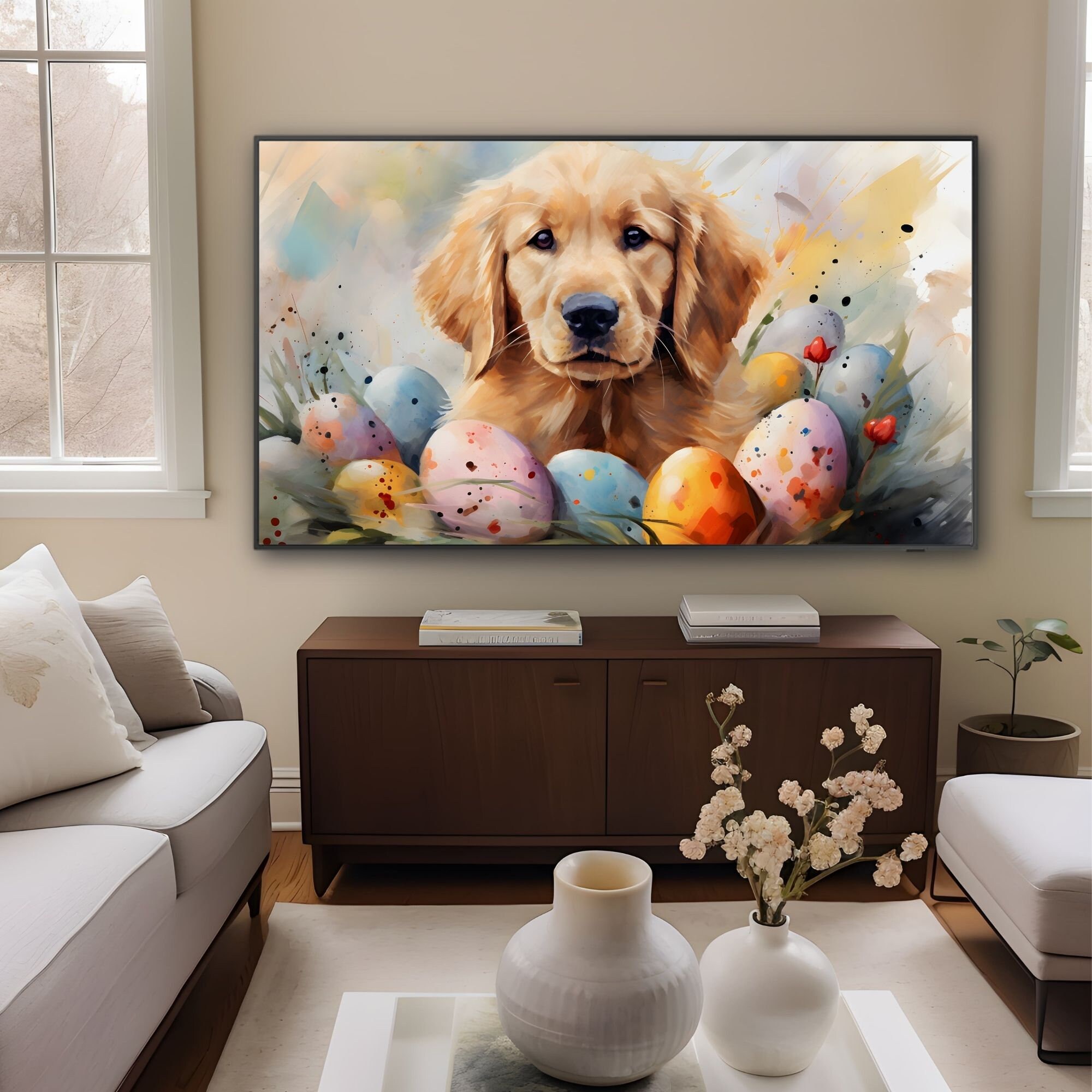 Golden Retriever Puppy Frame TV Art Easter, Golden Dog Colorful Artwork ...
