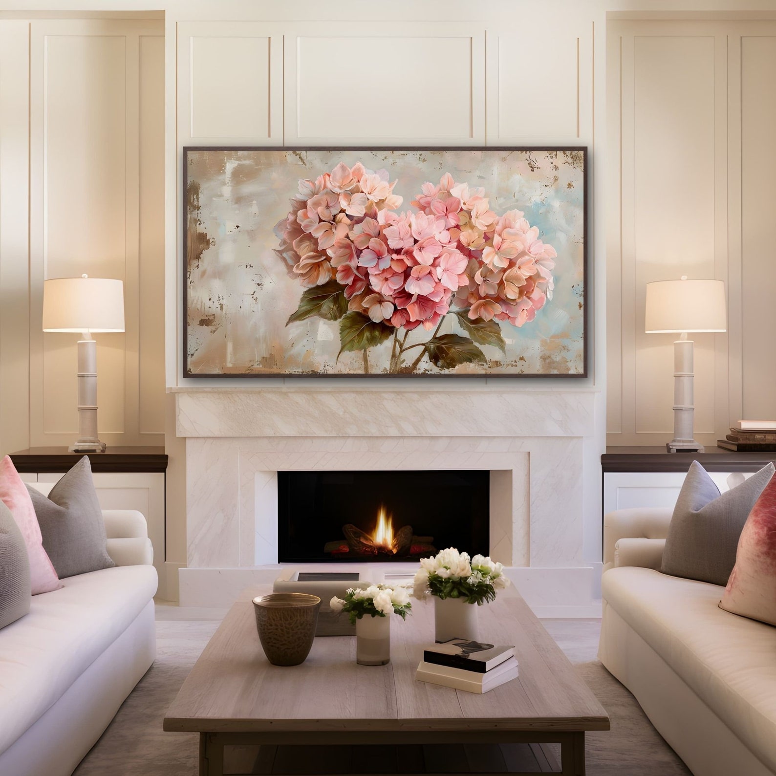 Light Pink Flowers Frame TV Art Set, Summer Cottagecore Farmhouse Decor ...