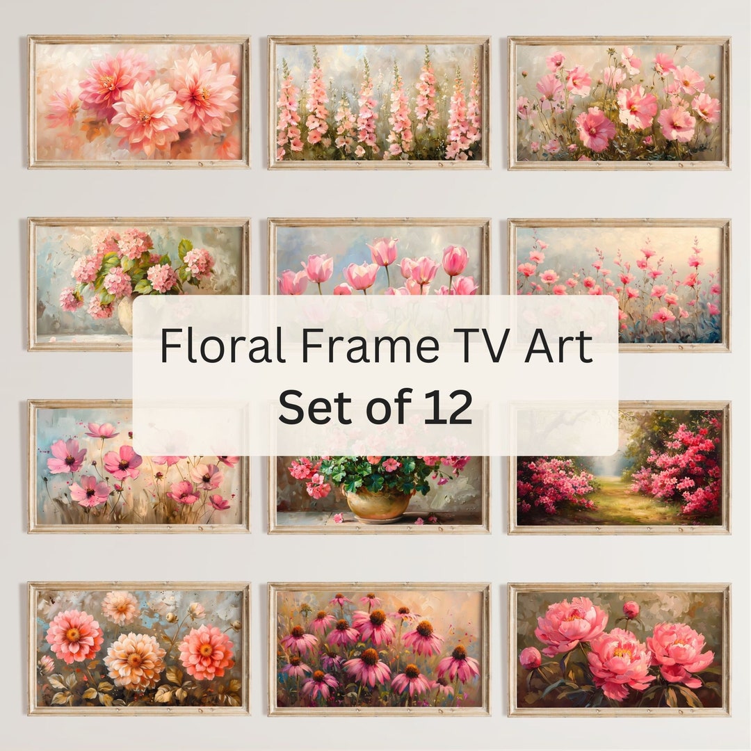Pink Flowers Frame TV Art Bundle, Cottagecore Farmhouse Decor Digital ...