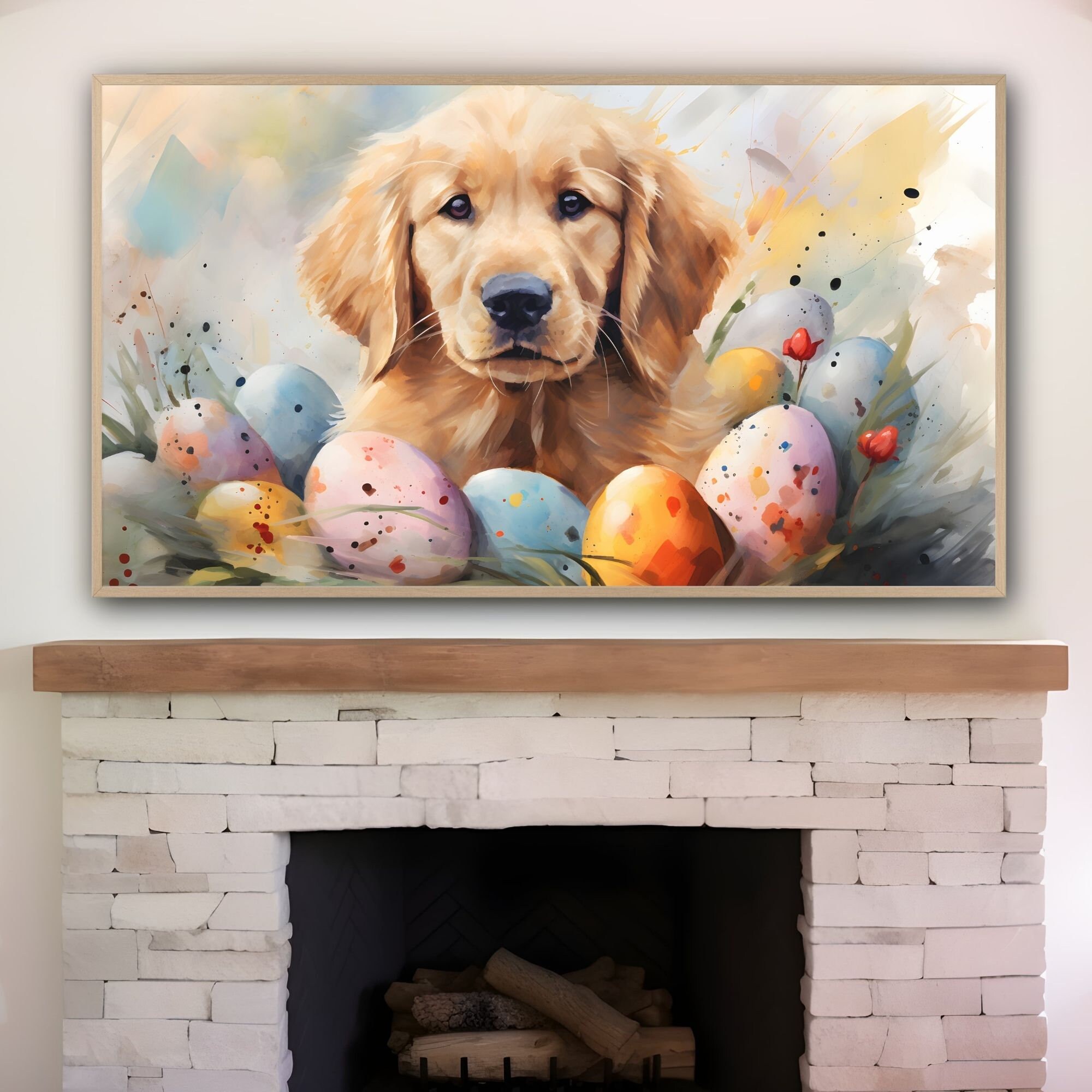 Golden Retriever Puppy Frame TV Art Easter, Golden Dog Colorful Artwork ...