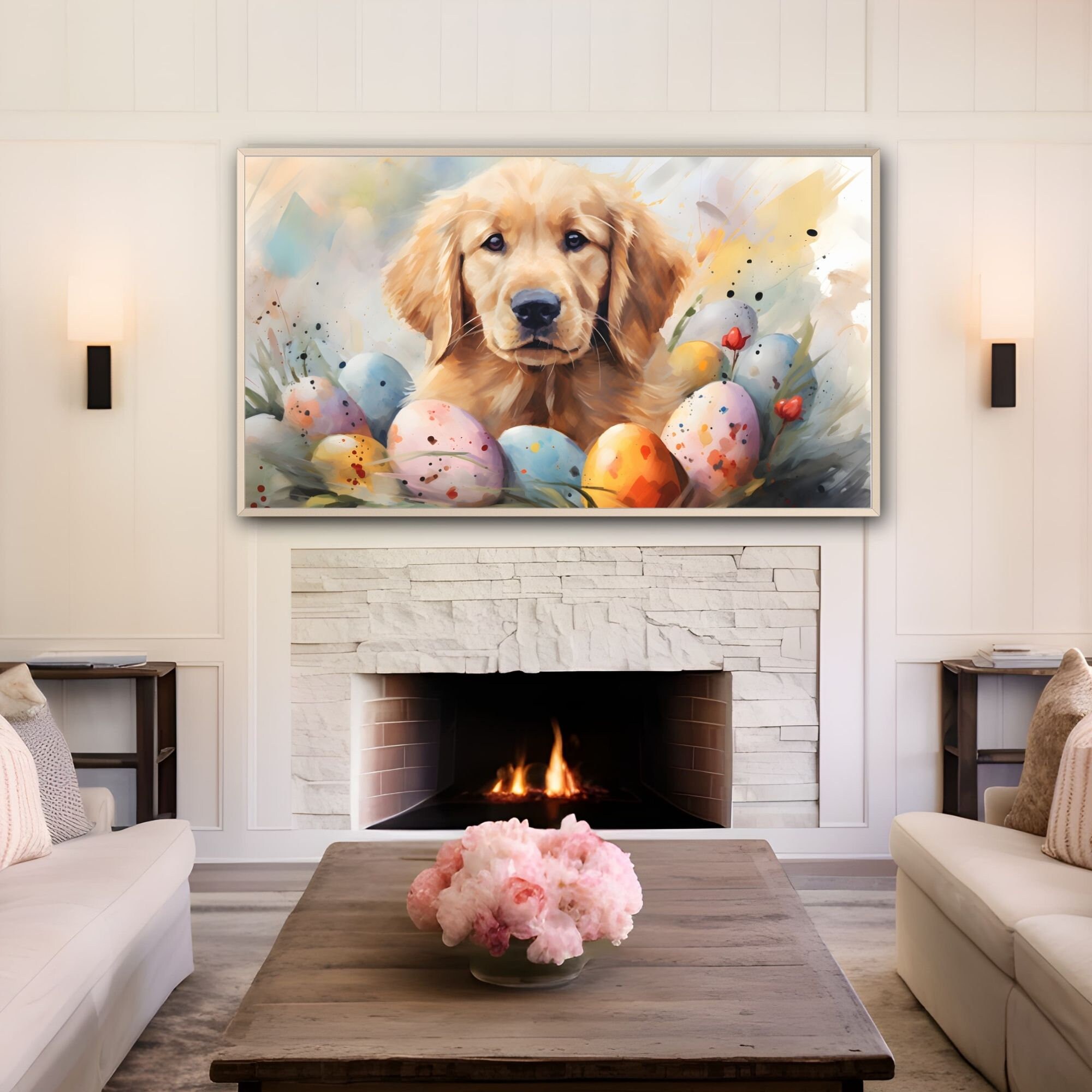 Golden Retriever Puppy Frame TV Art Easter, Golden Dog Colorful Artwork ...