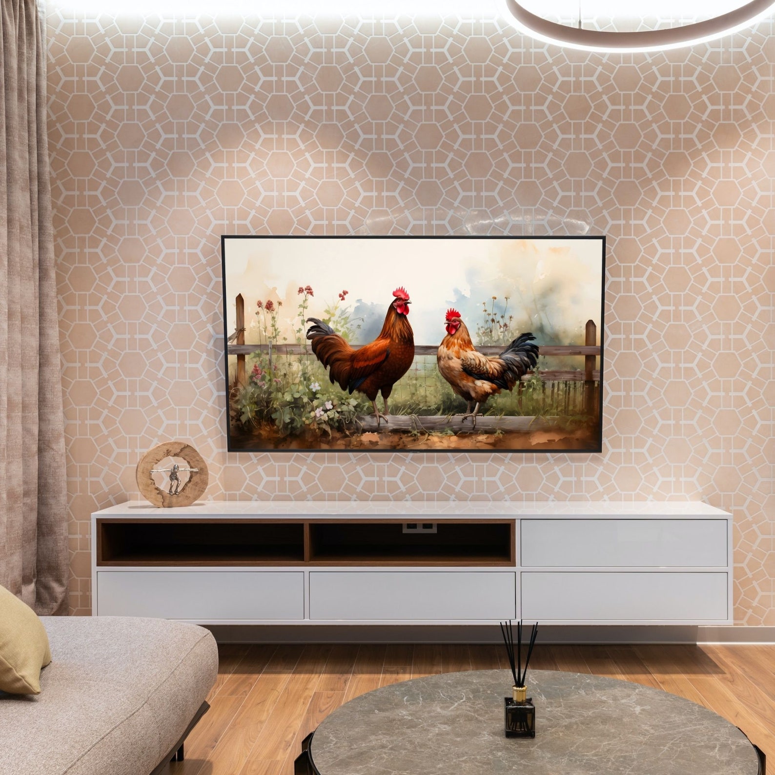 Farm Life Samsung Frame TV Art Chicken, Pastoral Landscape With Rooster ...