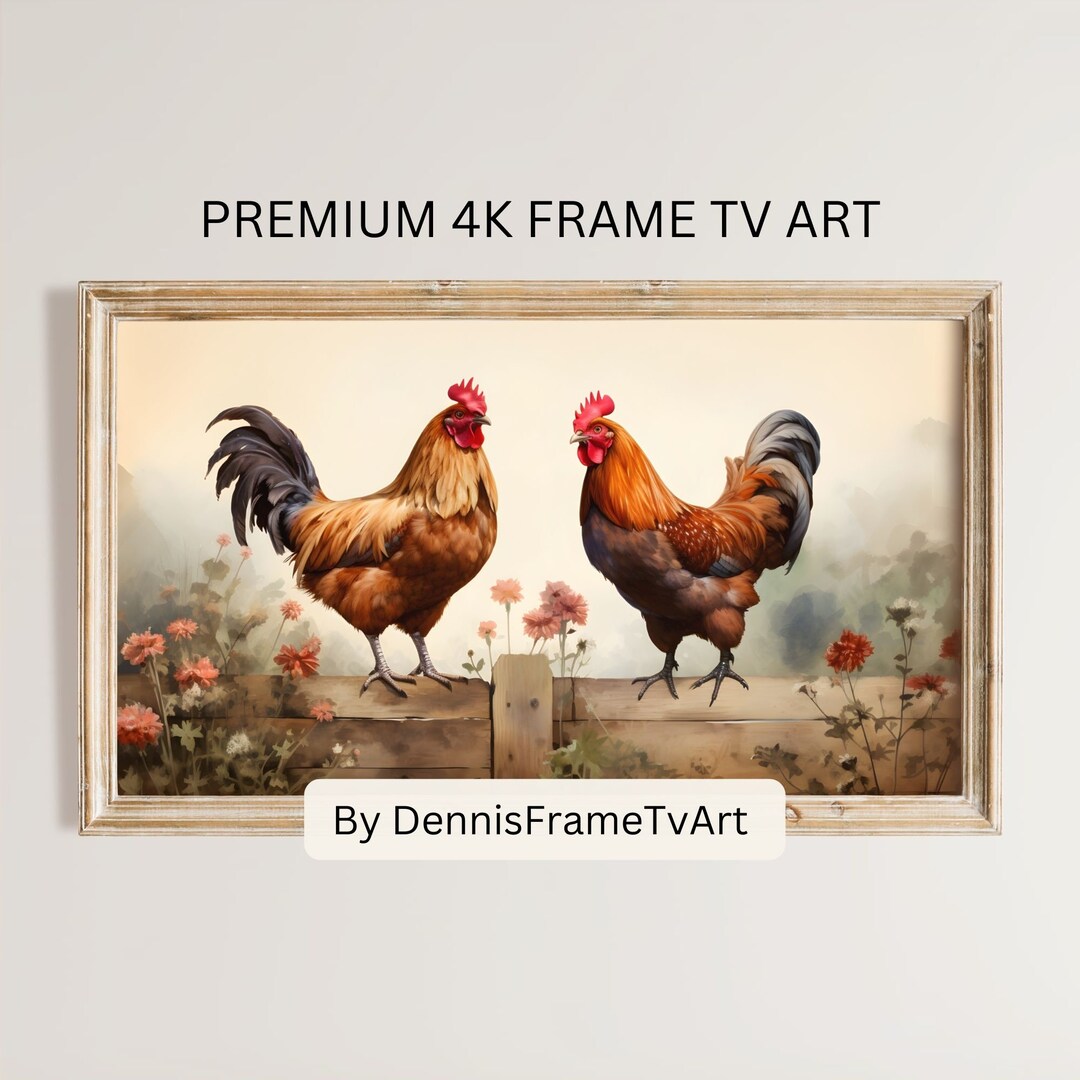 Two Roosters Frame Tv Art Instant Download, Pastoral Landscape With ...