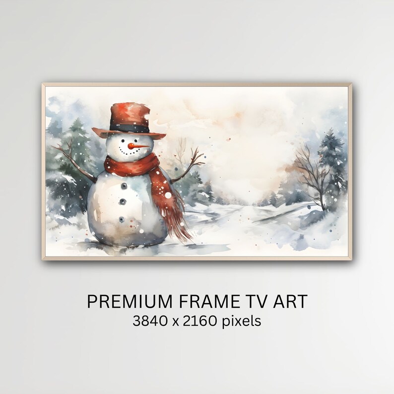 Cute Classic Watercolor Snowman Frame TV Art, Friendly Snowman in Snowy ...