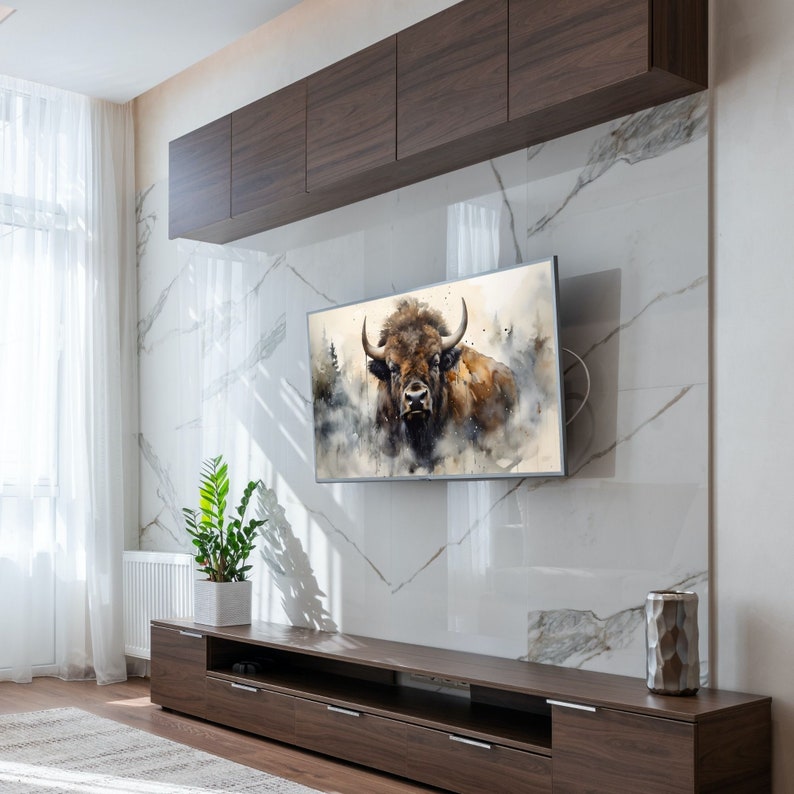 American Bison Frame Tv Art Farmhouse Decor, Moody Bison Artwork ...