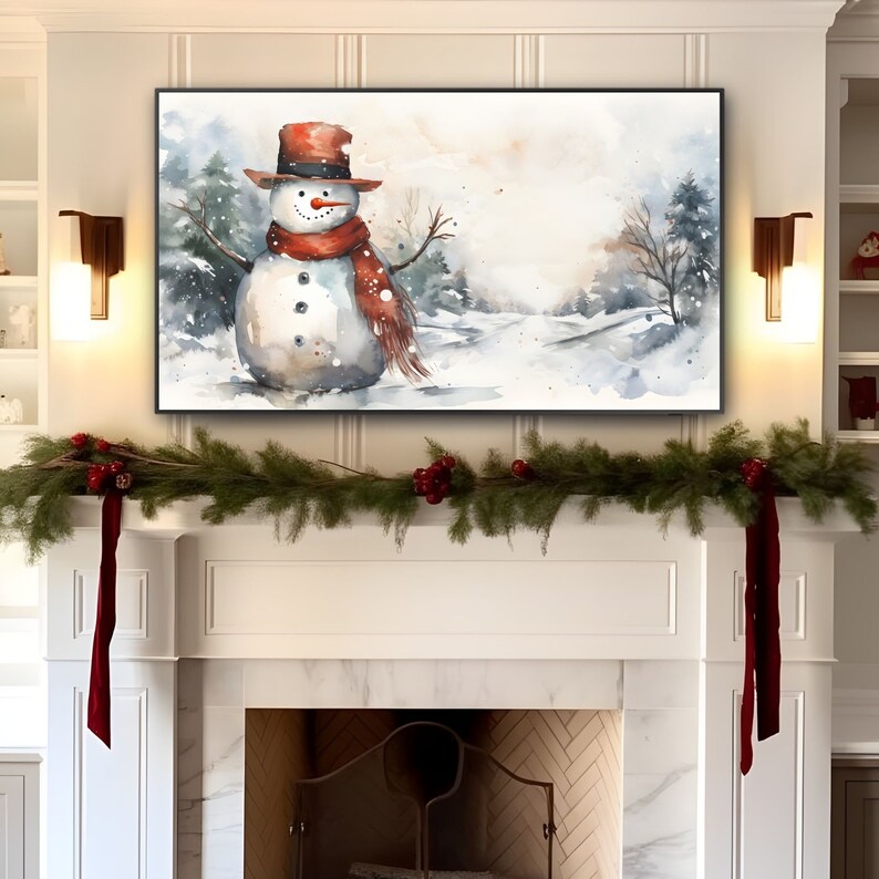 Cute Classic Watercolor Snowman Frame TV Art, Friendly Snowman in Snowy ...