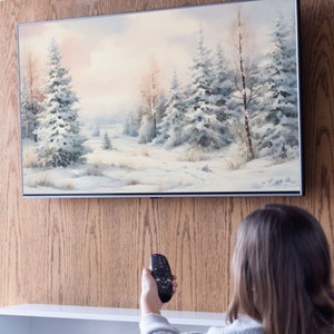Snowy Christmas Frame TV Art, Scandi Snow Forest Picture Digital ...