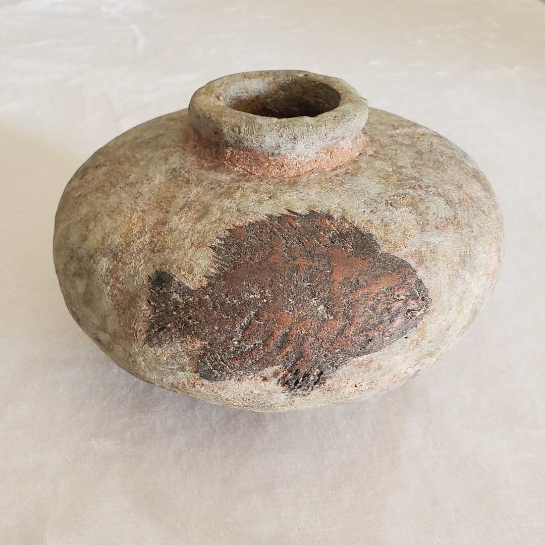 Rustic Clay Vessel With Fish Image Handmade Olla Pot Short Clay Pot ...