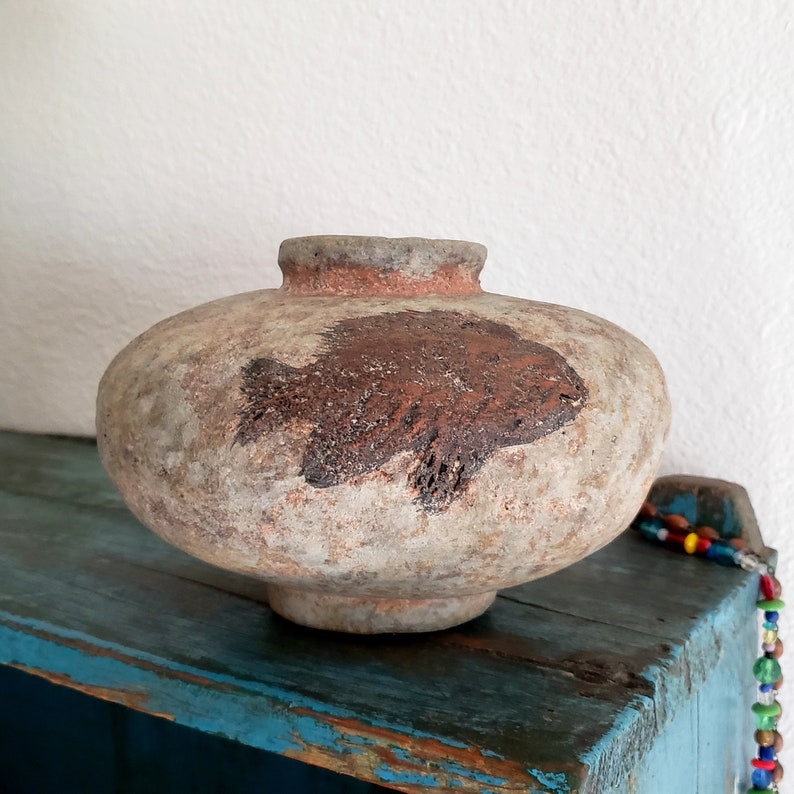 Rustic Clay Vessel With Fish Image Handmade Olla Pot Short Clay Pot ...