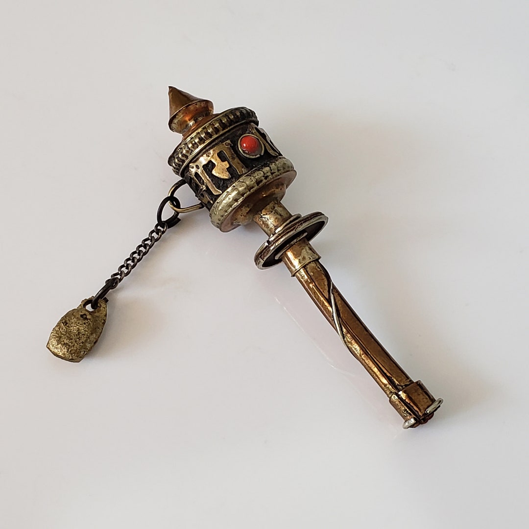 Tibetan Prayer Wheel With Turquoise and Red Stones Small Brass Prayer ...