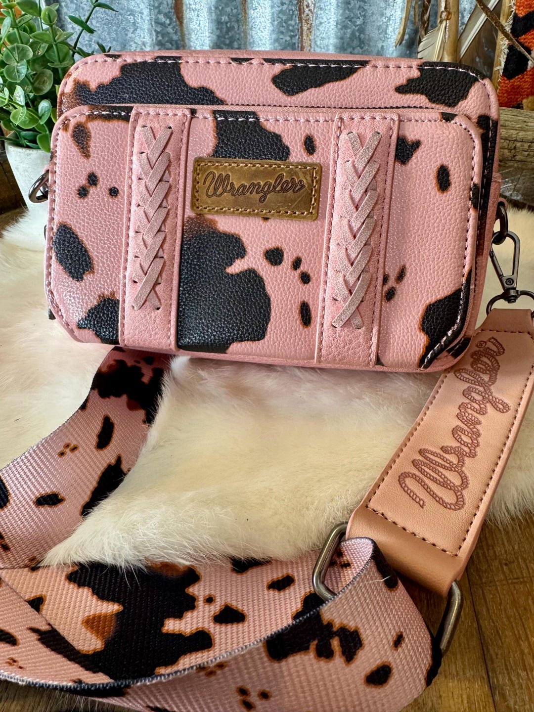 Wrangler Cow Print Crossbody Purse With Wallet Compartment Pink - Etsy
