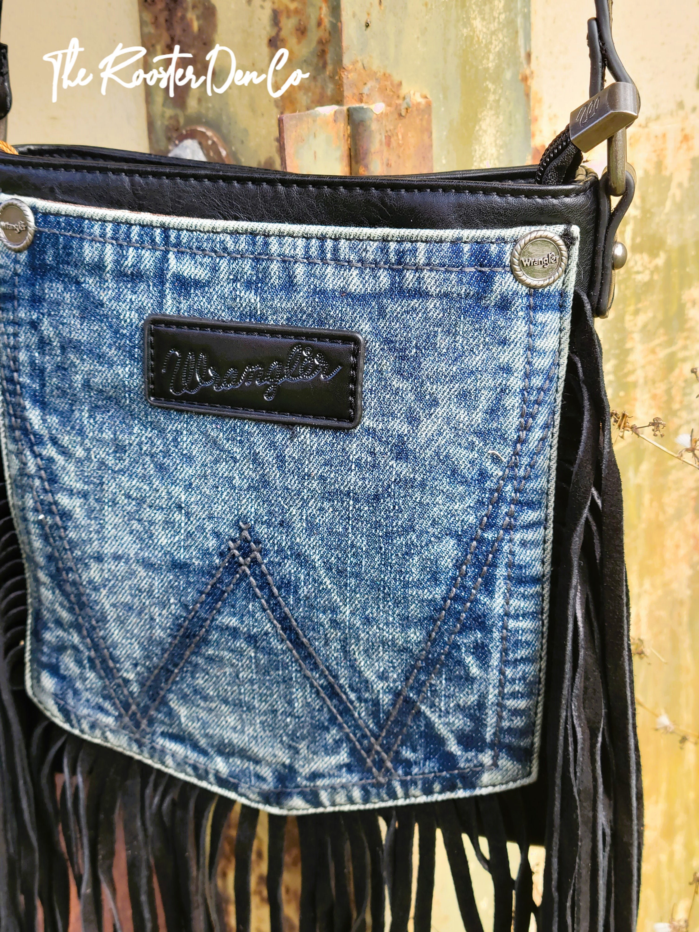 Denim Wrangler Leather Fringe Purse Boho Jean Crossbody - Etsy