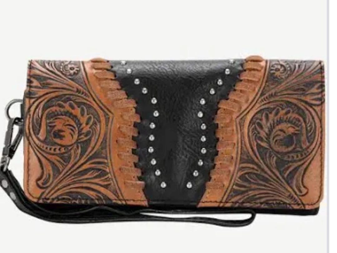 Western Tooled Brown and Black Wallet, Trendy Cowgirl Southwestern ...