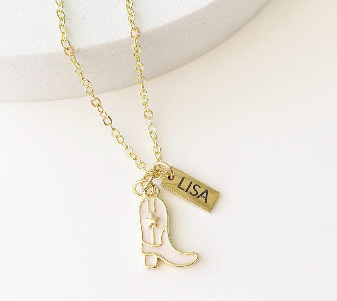 Gold Pink Cowboy Cowgirl Boot Charm Necklace, Personalized Name ...