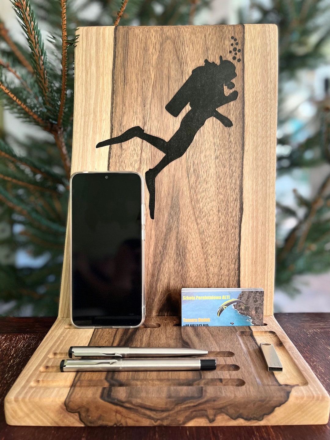 Elegant Wooden Desk Organizer for Phone and Stationery, With a Diver ...
