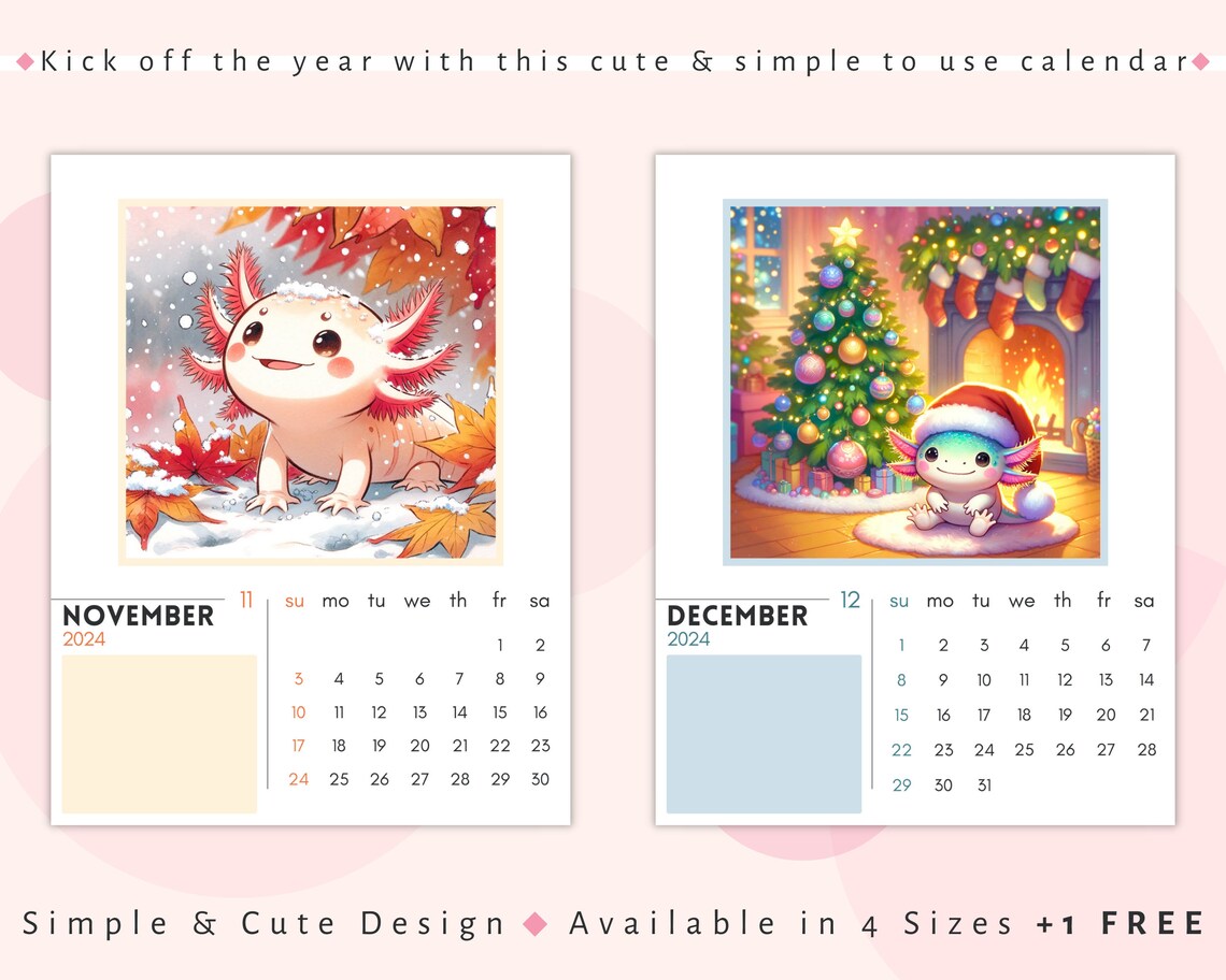 Printable Axolotl Monthly Calendar 2024 Vertical Calendar Digital ...