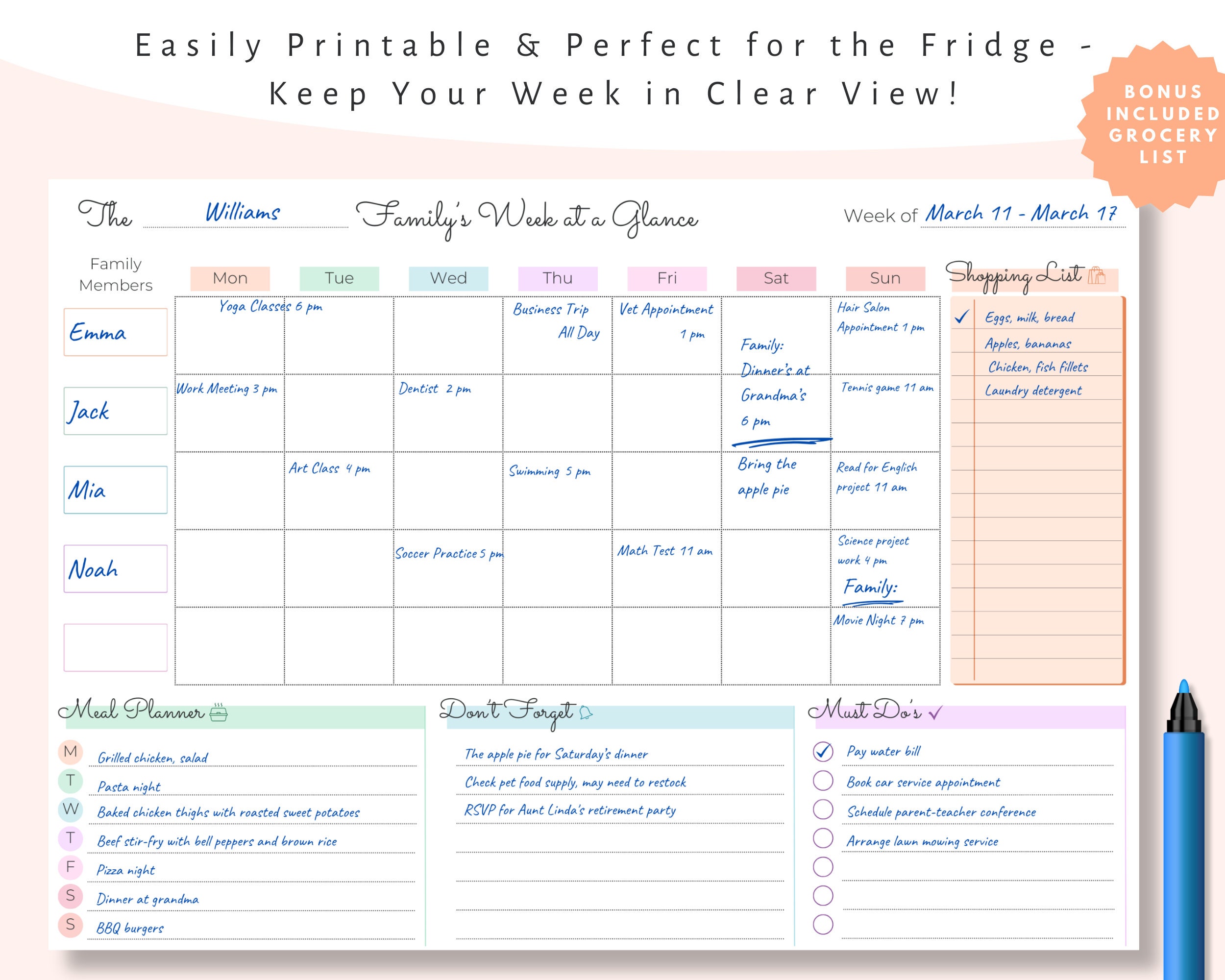 Weekly Family Planner Plus Grocery List Bonus Included | Family Planner ...
