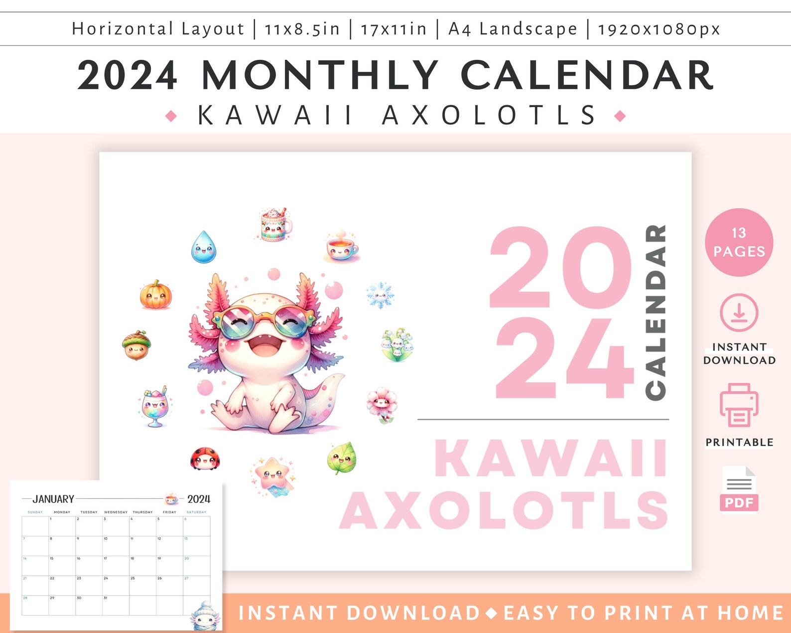 Kawaii Axolotls Monthly Printable Calendar 2024 | Sunday Start 2024 ...
