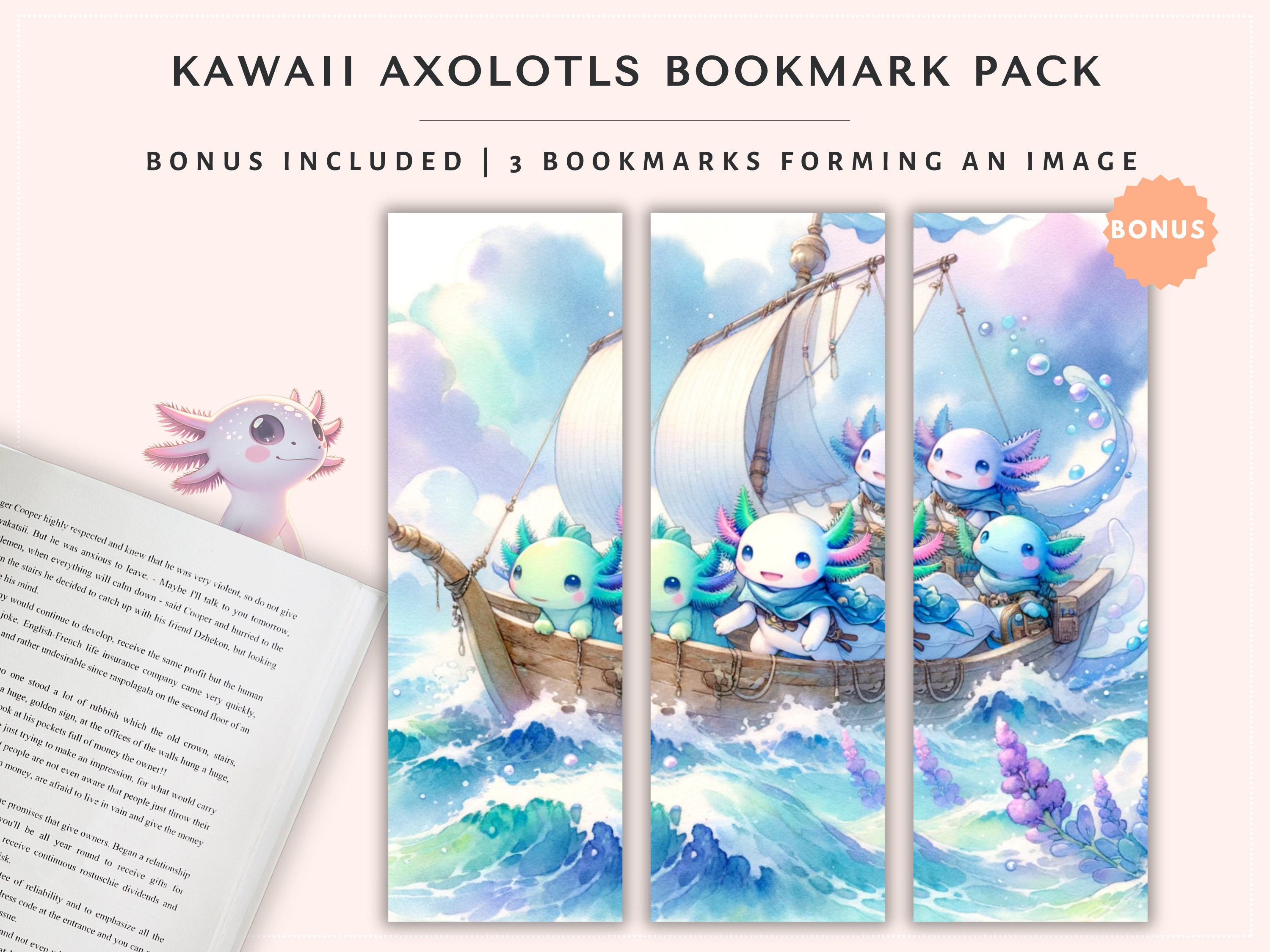 Set of 6 Kawaii Axolotl Printable Bookmarks Plus 3 Bookmarks Bonus ...