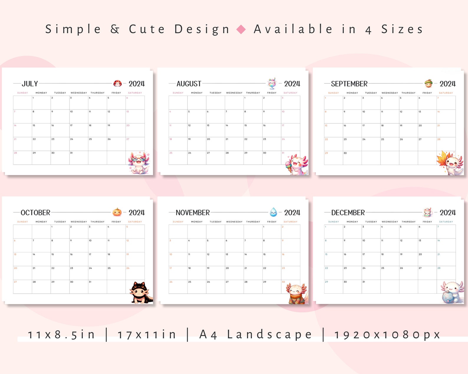 Kawaii Axolotls Monthly Printable Calendar 2024 | Sunday Start 2024 ...