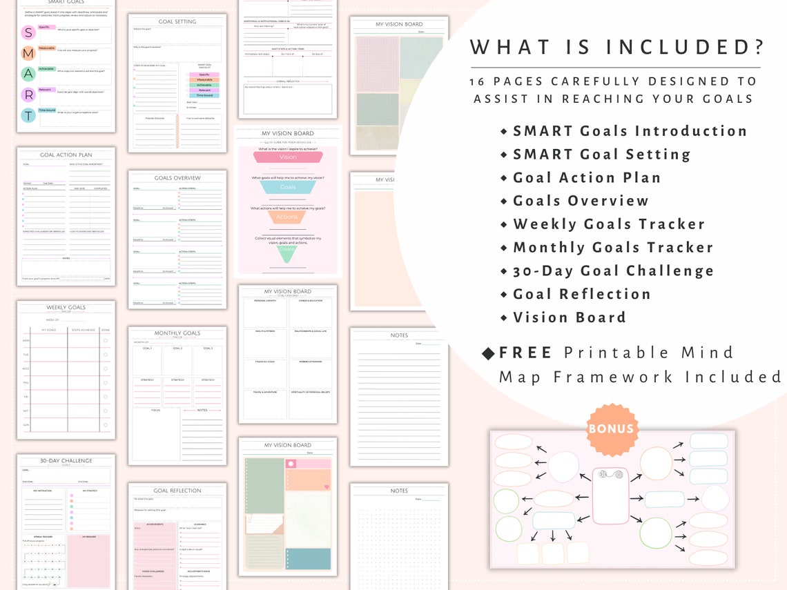 SMART Goals Planner | 16-page Printable, Mind Map Bonus (digital ...
