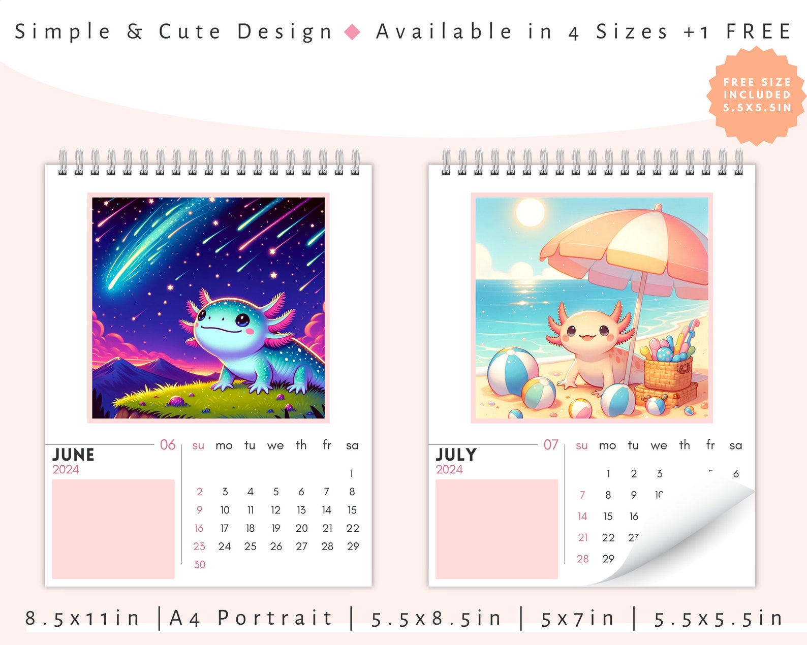 Printable Axolotl Monthly Calendar 2024 | Vertical Calendar | Digital ...