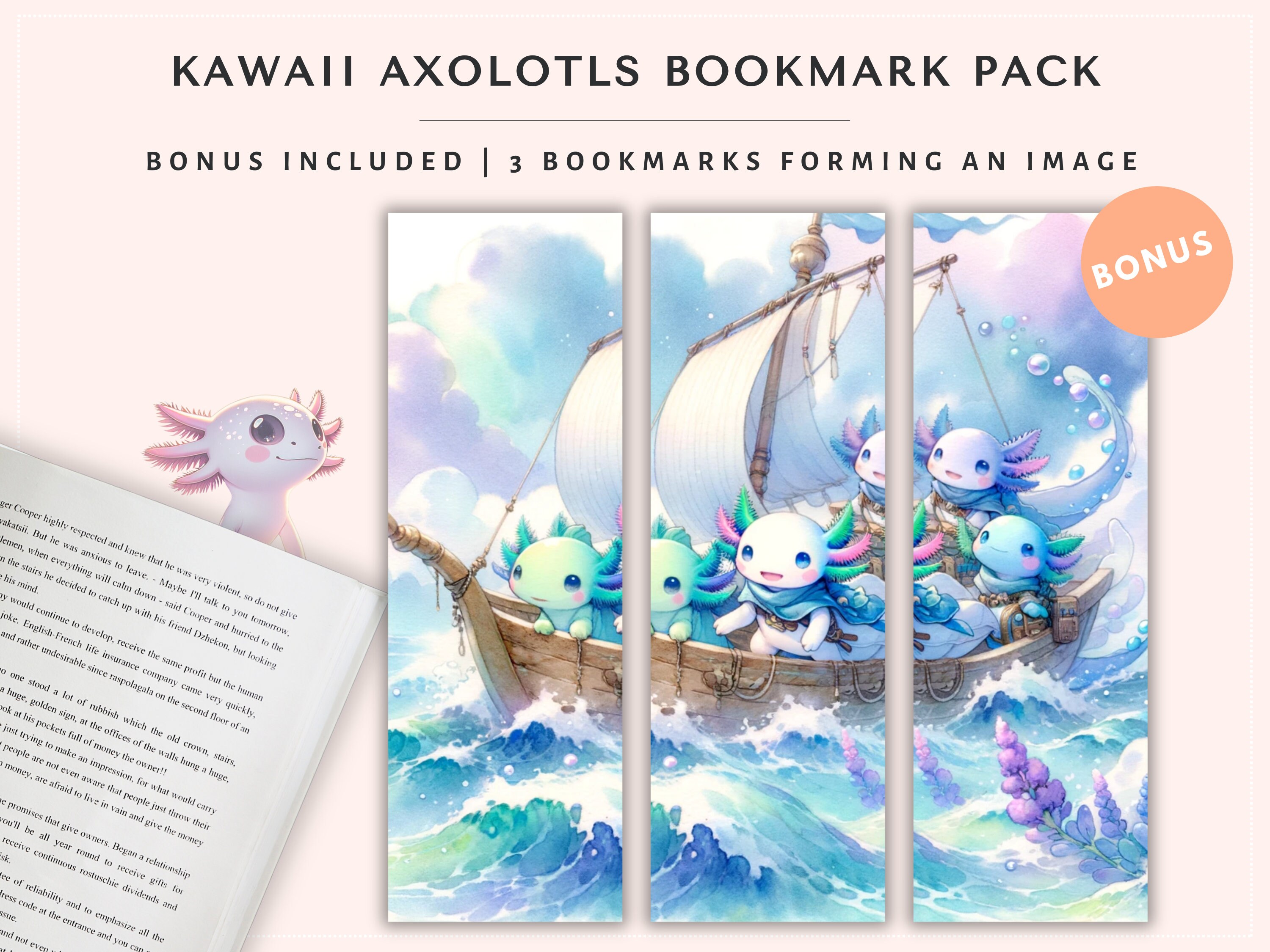 Set of 6 Kawaii Axolotl Printable Bookmarks Plus 3 Bookmarks - Etsy