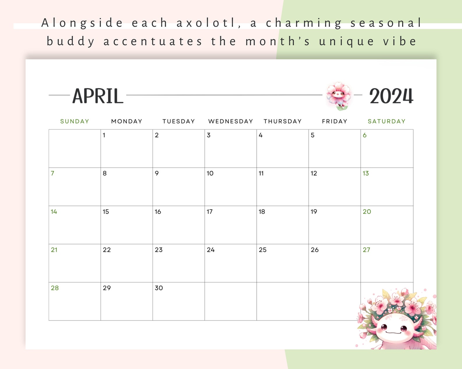 Kawaii Axolotls Monthly Printable Calendar 2024 | Sunday Start 2024 ...