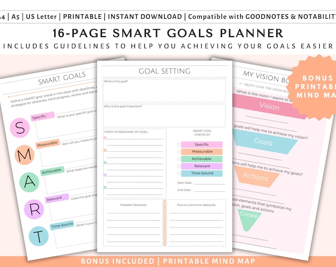 SMART Goal Printable Checklist and Worksheet Goal Planner, Therapy ...