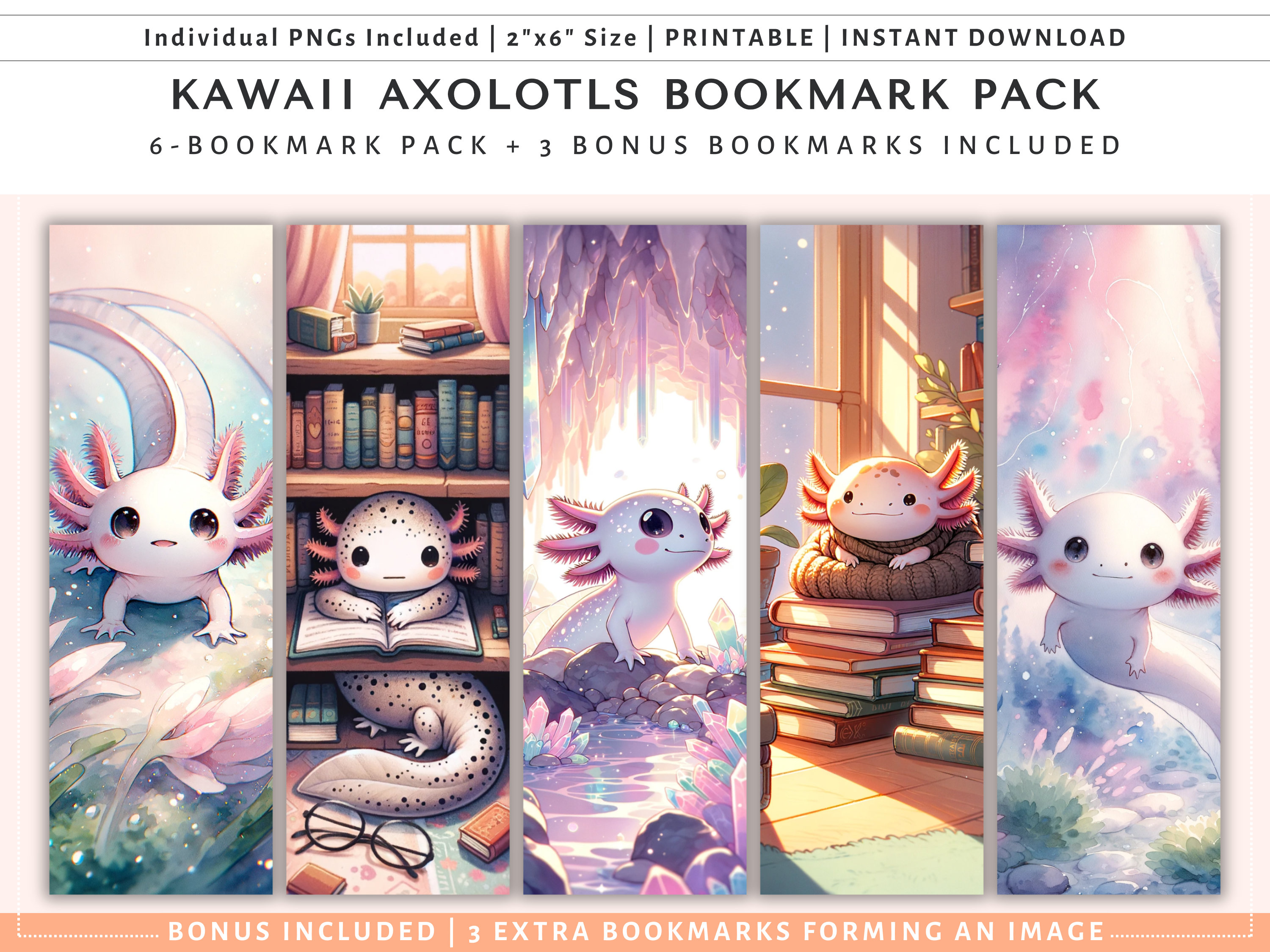 Set of 6 Kawaii Axolotl Printable Bookmarks Plus 3 Bookmarks - Etsy