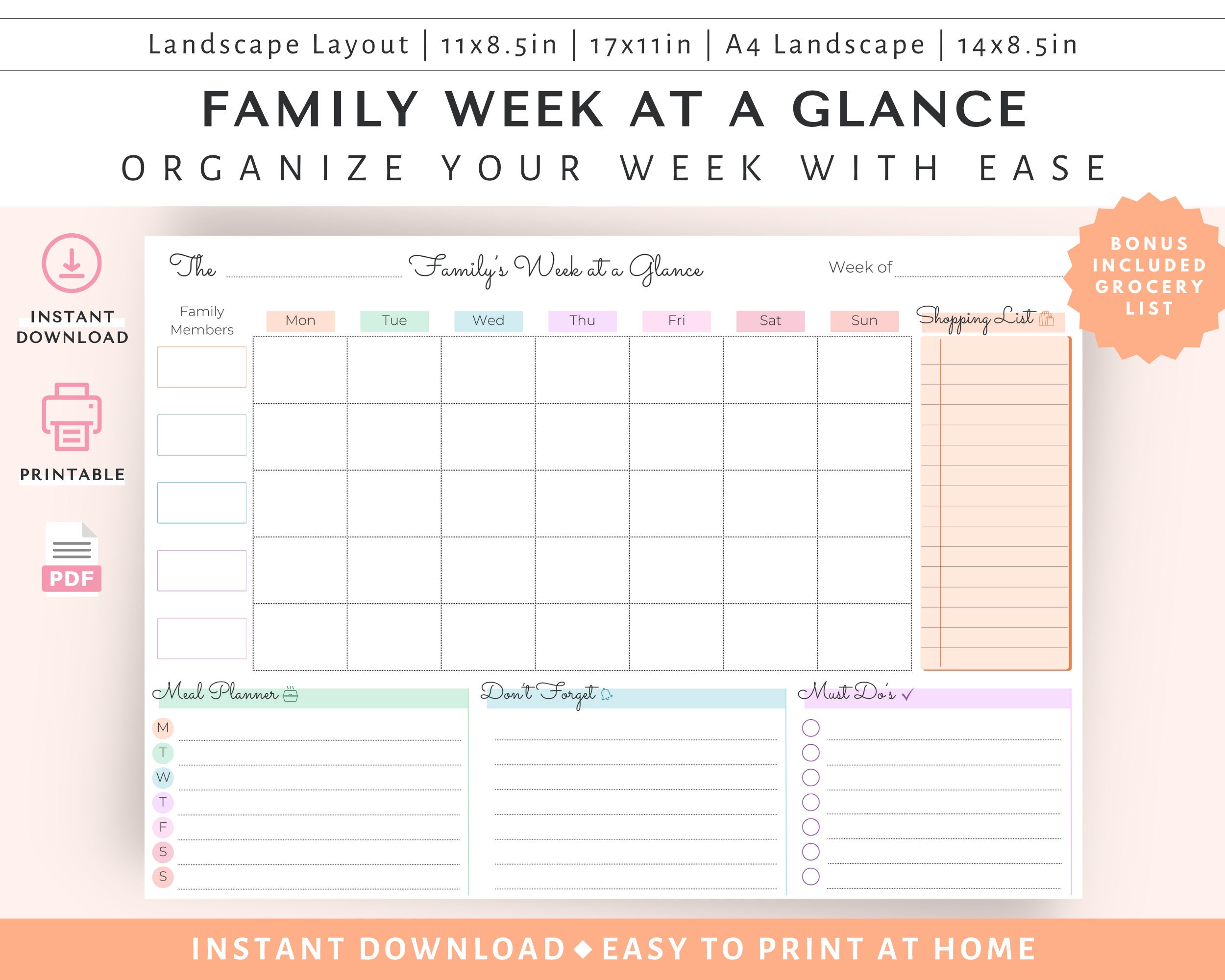 Weekly Family Planner Plus Grocery List Bonus Included | Family Planner ...